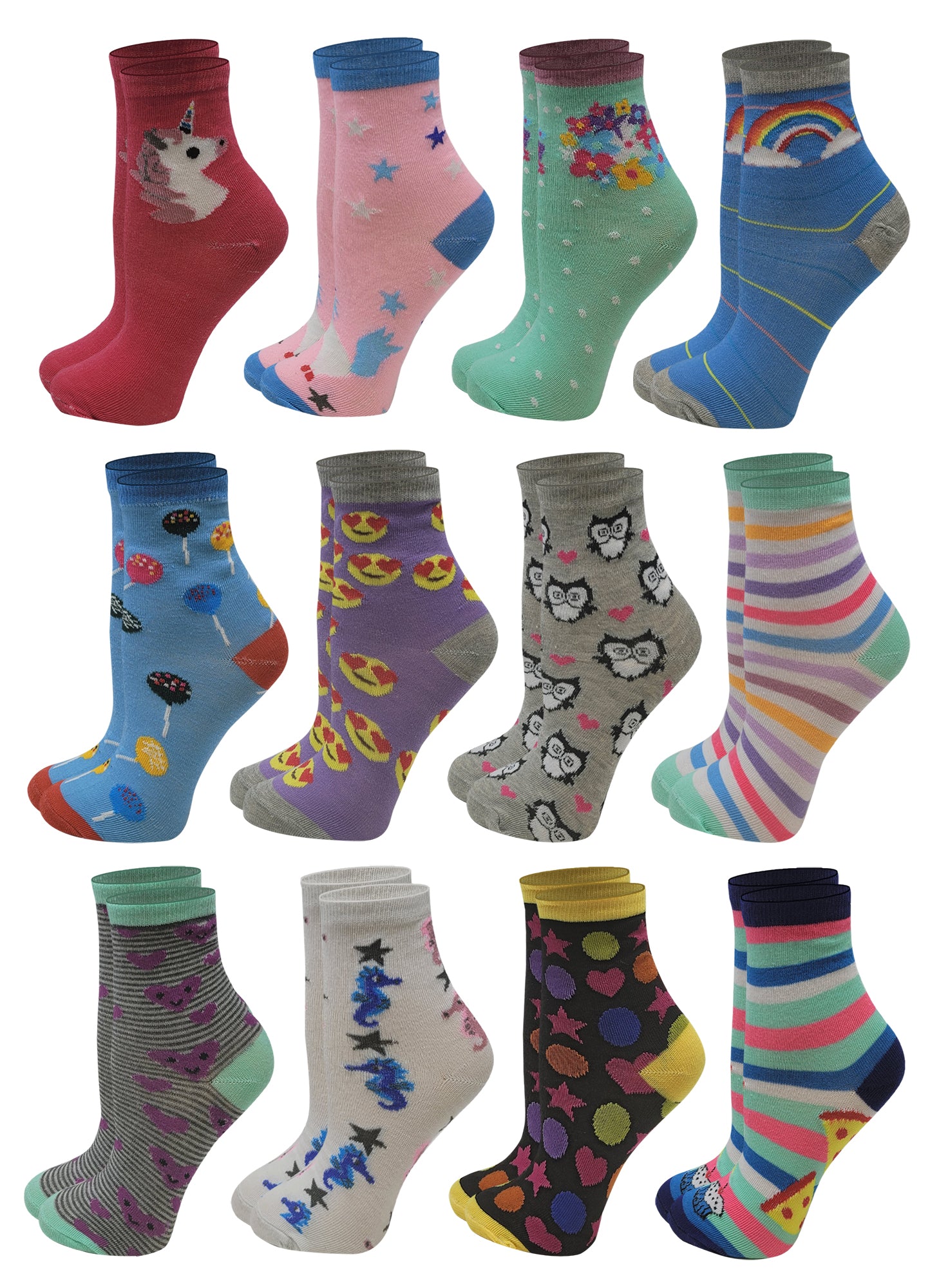 Girls Crew Socks | Assorted Fun Novelty Design | Kids (12 Pairs)