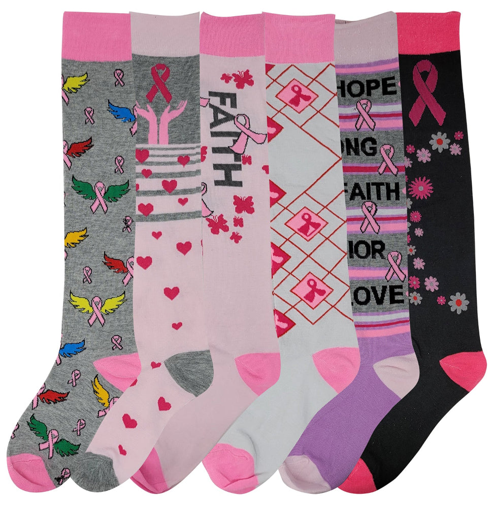Women 6 pairs Breast Cancer Awareness Knee High Socks